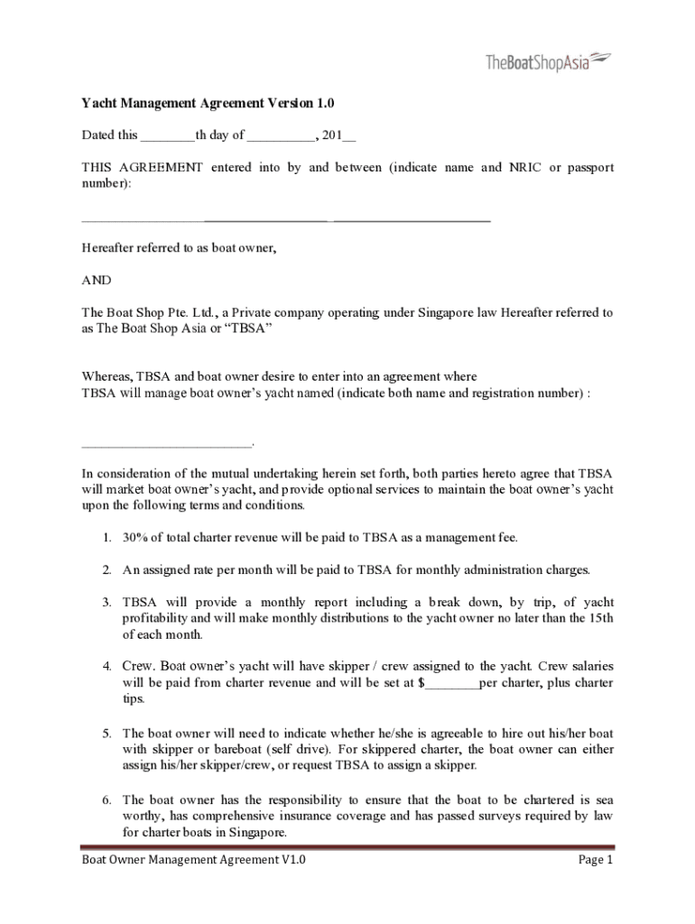 Fillable Online Yacht Management Agreement Version 1.0 Fax Email Print ...