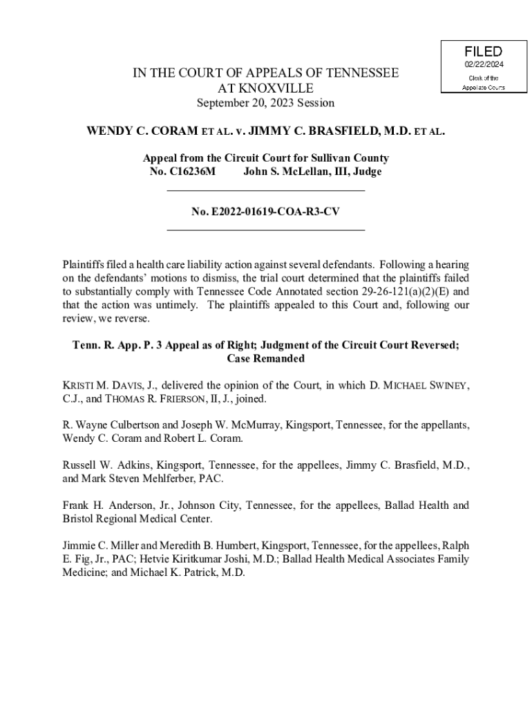 Fillable Online Wendy C. Coram, Et Al v. Jimmy C. Brasfield, MD., Et Al Fax Email Print - pdfFiller