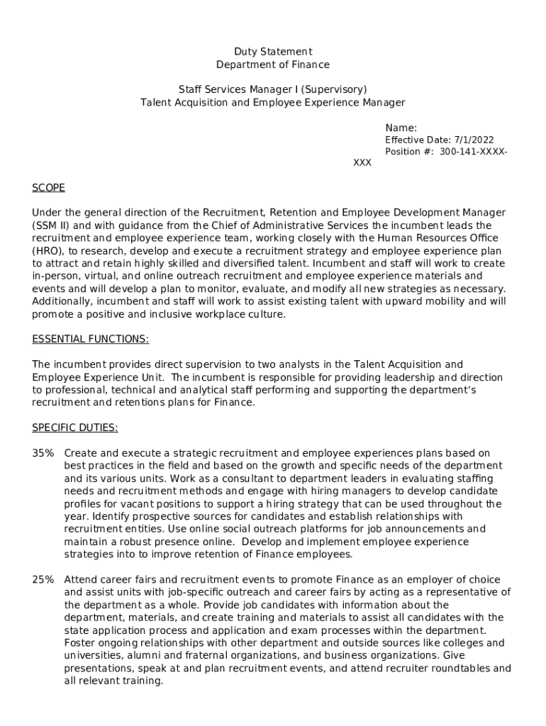 DUTY STATEMENT STAFF SERVICES MANAGER I ( ... Doc Template | pdfFiller