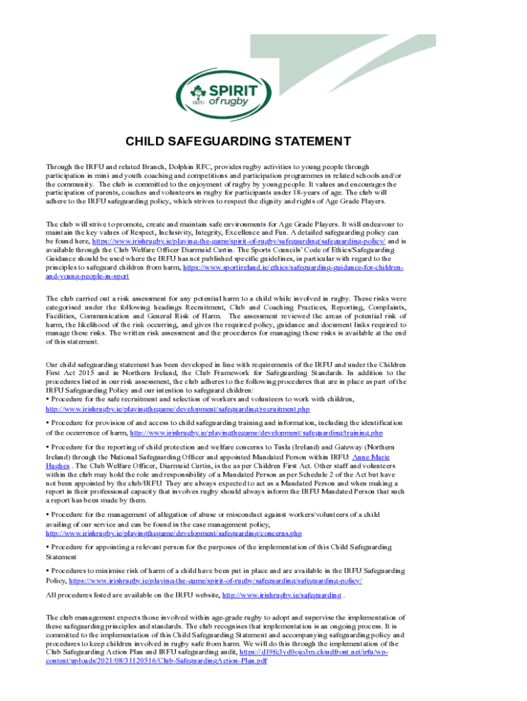 Fillable Online Child Safeguarding Statement - St. Mary's Rugby Club ...