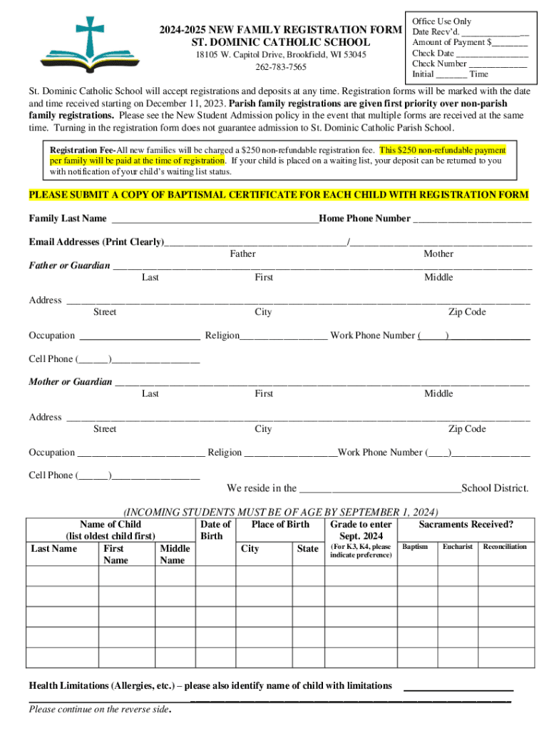 Fillable Online 2024-2025 new family registration form st. dominic ...