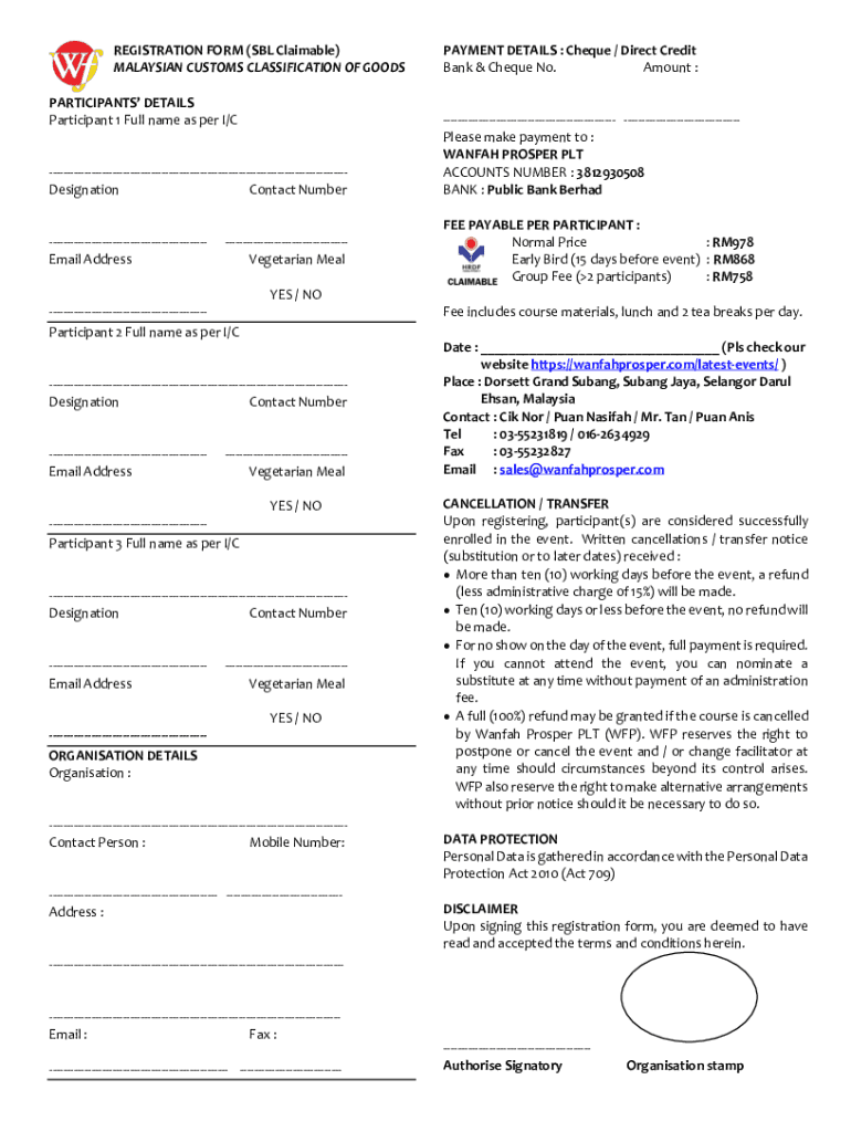 Fillable Online REGISTRATION FORM Malaysian Customs Classification of ...