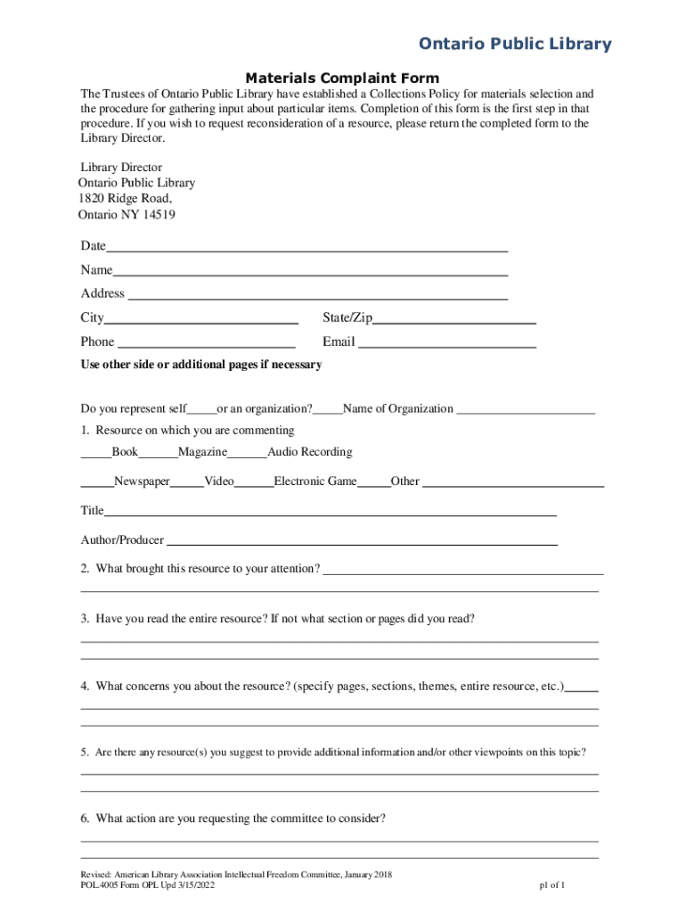 Fillable Online Materials Complaint Form Fax Email Print - pdfFiller