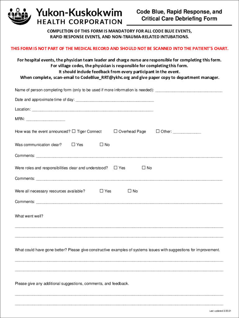 Fillable Online Code Blue, Rapid Response, and Critical Care Debriefing ...