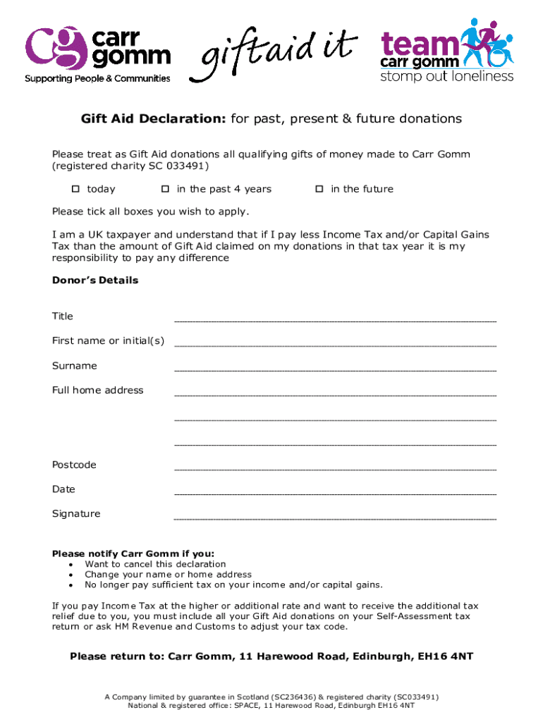 Fillable Online Gift Aid Declaration: for past, present & future ...