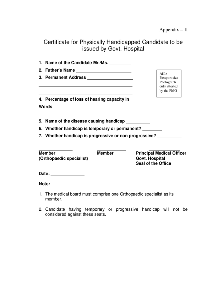 Fillable Online Certificate for Physically Handicapped Candidate to be ...