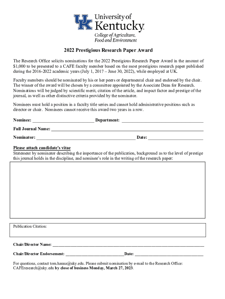 Fillable Online research ca uky CAFE Prestigious Research Paper ...