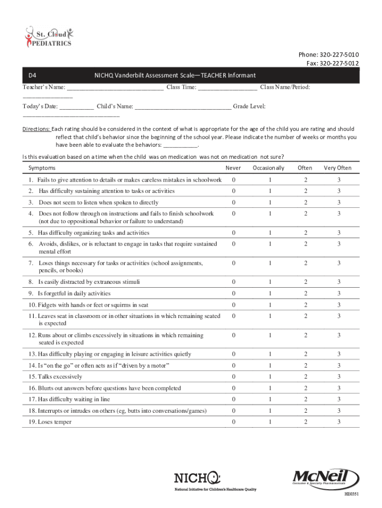 Fillable Online 320-227-5012 D4 NICHQ Vanderbilt Assessment Scale ...