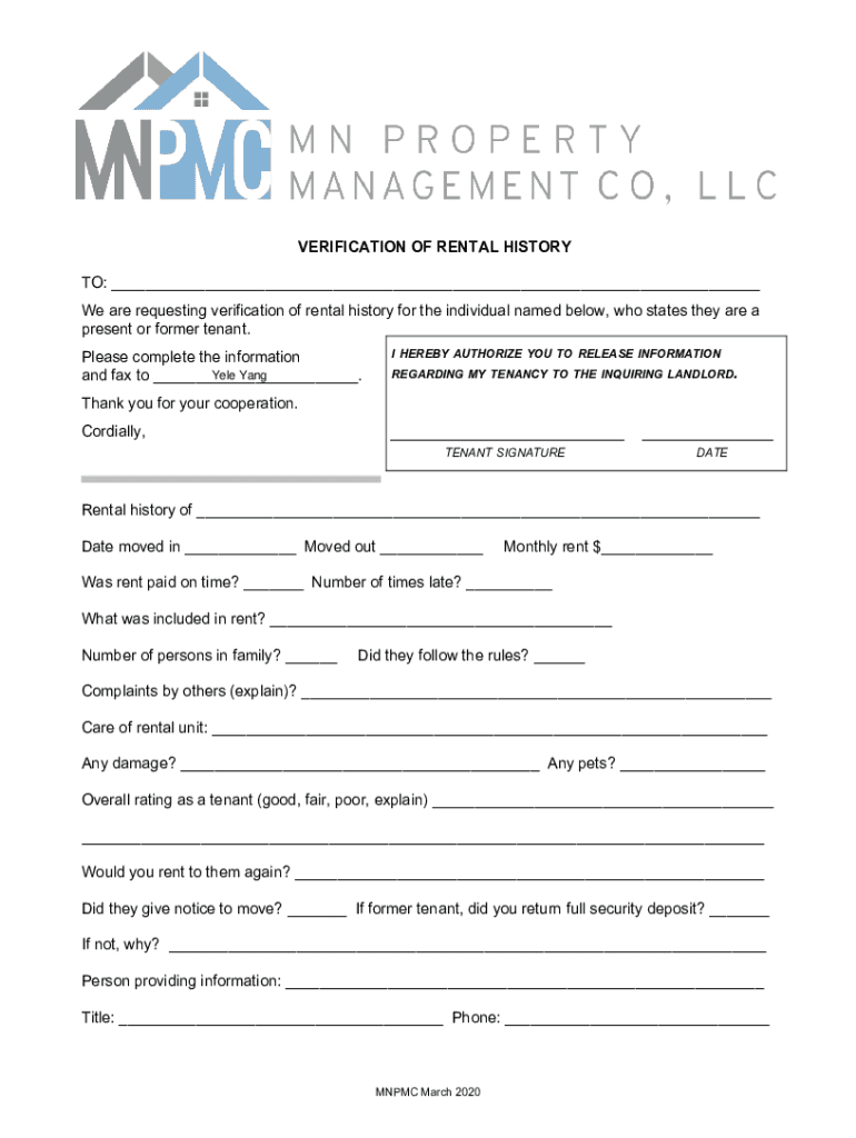 Fillable Online Verification of Rental History FormFill Out Printable ...
