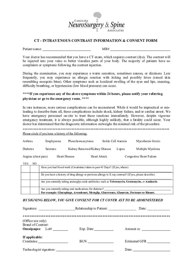 Fillable Online CT Intravenous Contrast & Consent Form - Rad One Fax ...