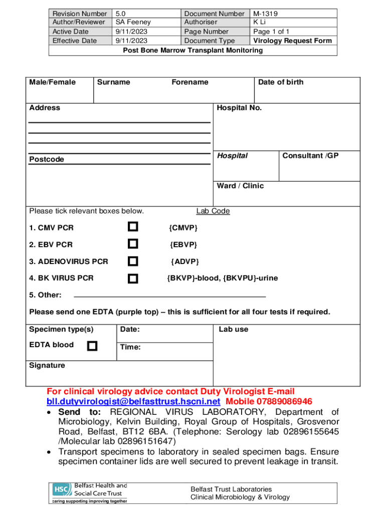 Fillable Online rvl-belfast hscni For clinical virology advice contact ...