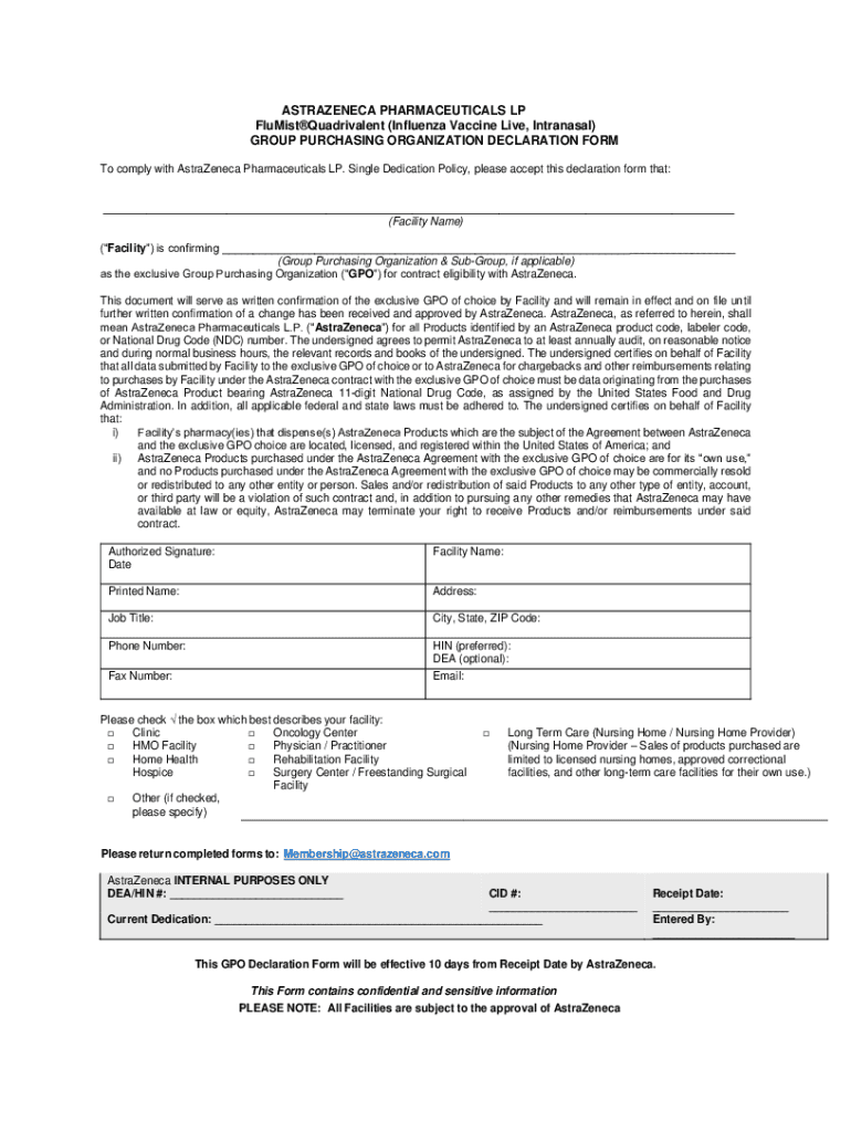 Fillable Online AstraZeneca Group Purchasing Organization Declaration ...