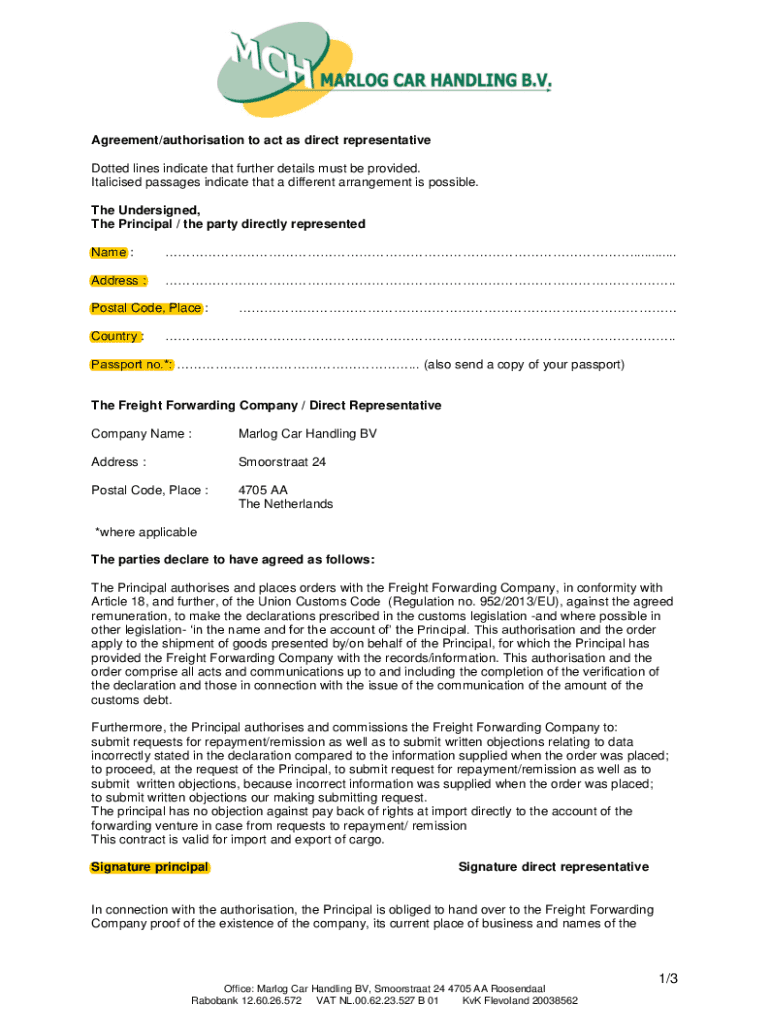 Fillable Online AGREEMENT/AUTHORISATION TO ACT AS DIRECT ... Fax Email ...