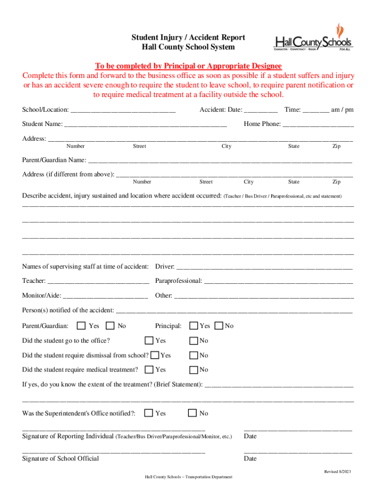 Fillable Online Student Injury / Accident Report Hall County School ...
