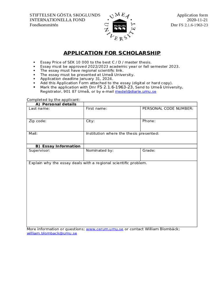 Gsta skoglunds fond student application Doc Template | pdfFiller