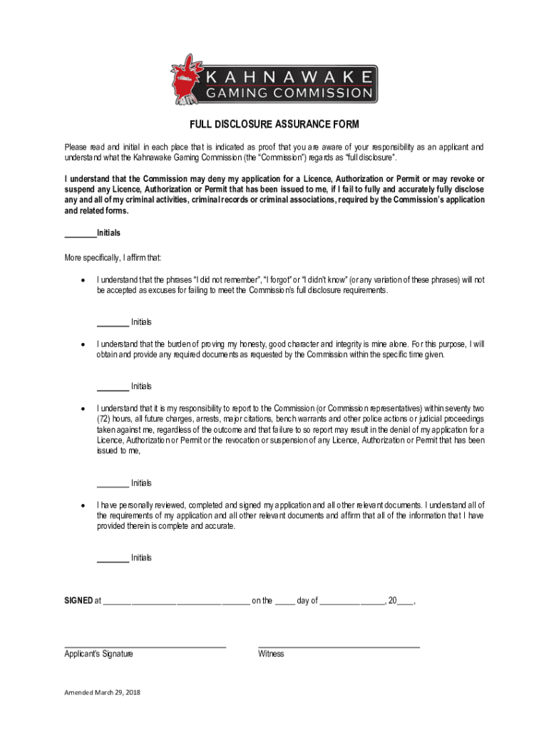 Fillable Online FULL DISCLOSURE ASSURANCE FORM Fax Email Print - pdfFiller