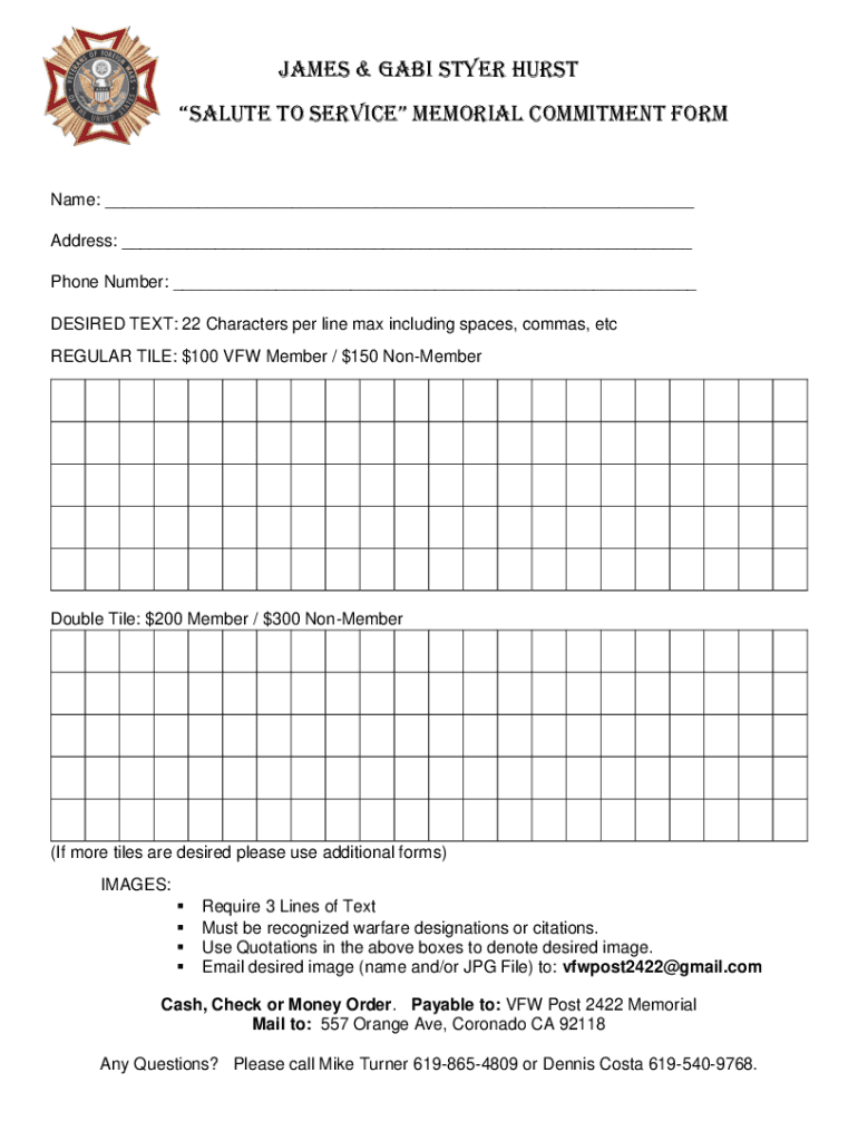 Fillable Online James & Gabi Styer Hurst Salute to Service MeMorial ...