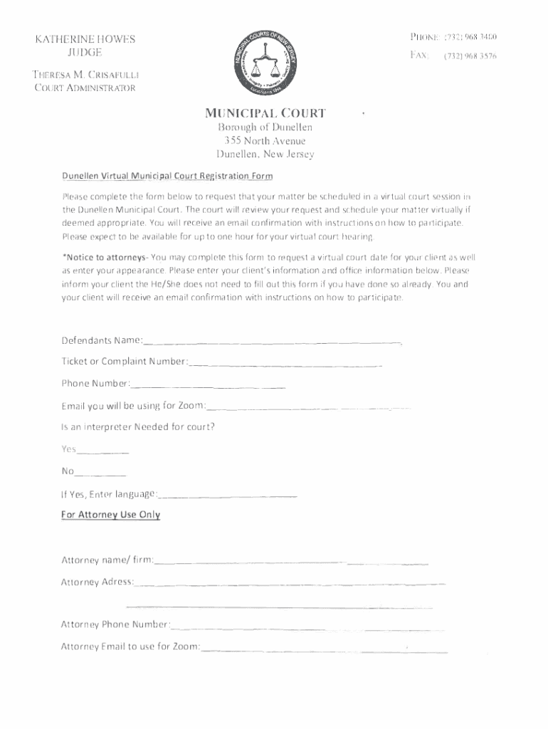 Fillable Online Dunellen Virtual Municipal Court Registration Form Fax ...