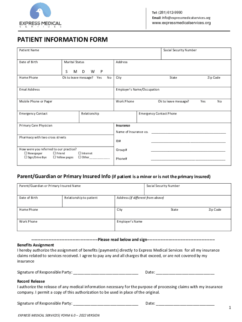 Fillable Online Express Medical Services - PATIENT INFORMATION FORM Fax ...
