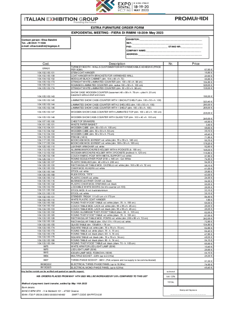 Fillable Online EXTRA FURNITURE ORDER FORM Fax Email Print - pdfFiller