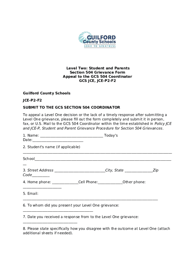 Written Notice of 504 Appeal /Grievance Complaint Doc Template | pdfFiller