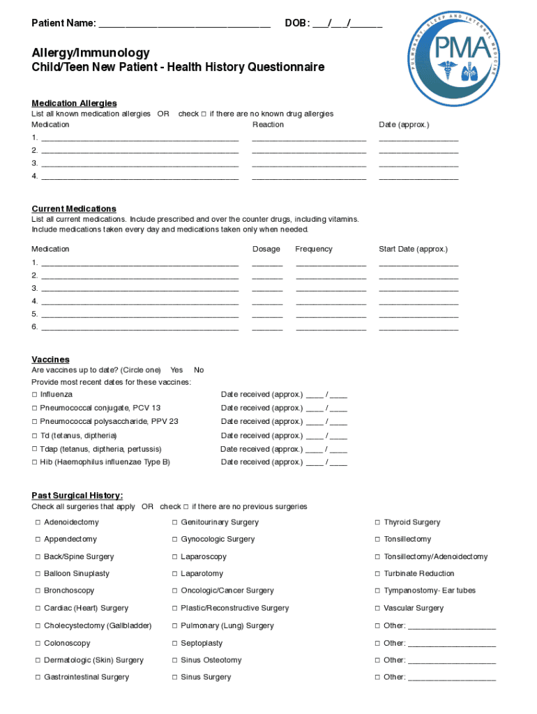 Fillable Online A/I - Child/Teen New Patient- Health History-Questionnaire1.8.17pages Fax Email ...