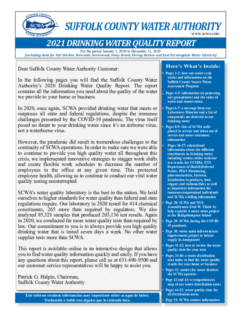 Fillable Online suffolk county water authority - 2020 drinking water ...