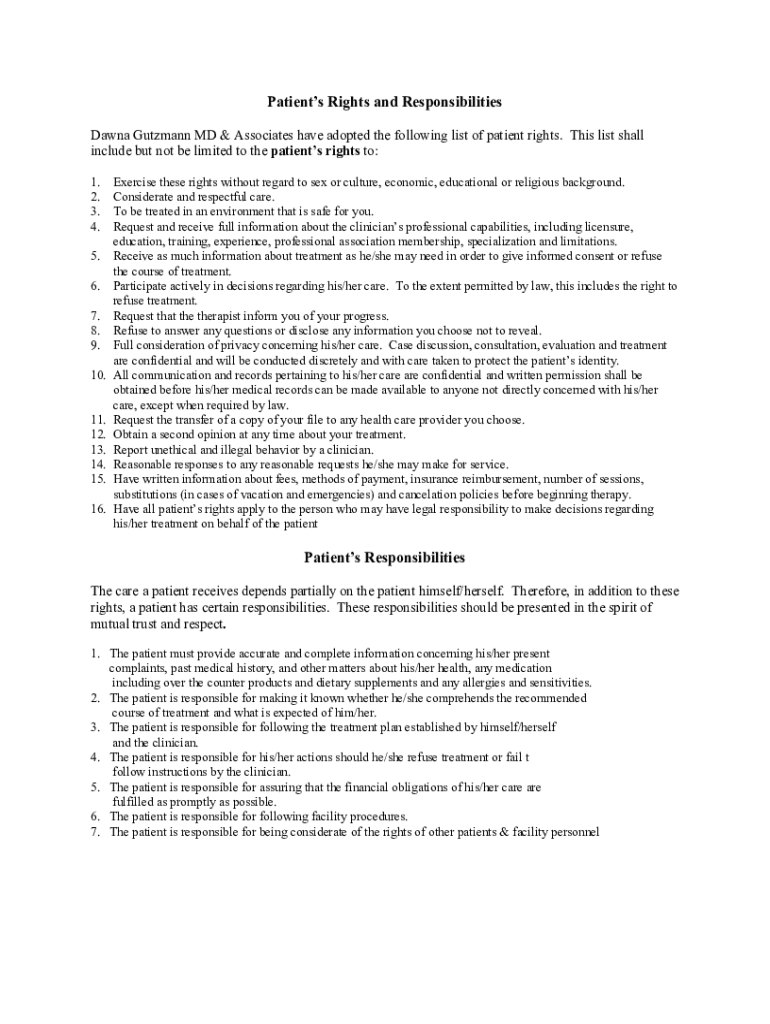 Fillable Online Patient's Rights and Responsibilities Patient's ...