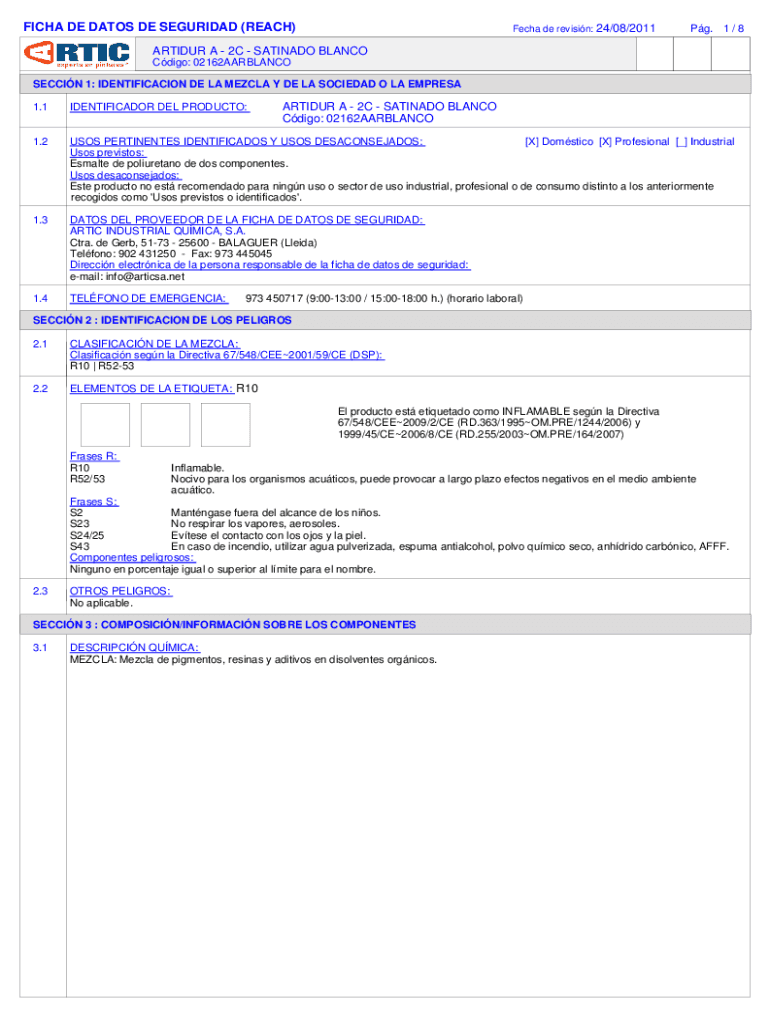 Completable En línea FICHA DE DATOS DE SEGURIDAD (REACH) - ARTIC Fax Email Imprimir - pdfFiller
