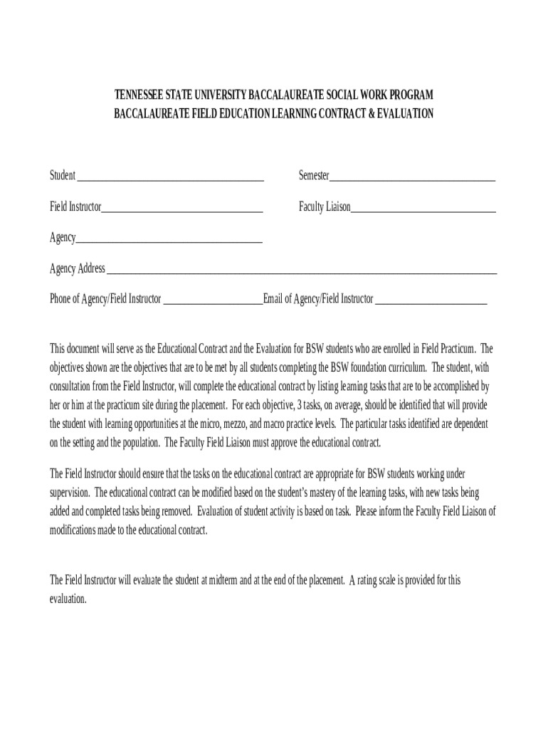 Baccalaureate Field Education Learning Contract Evaluation Doc Template ...