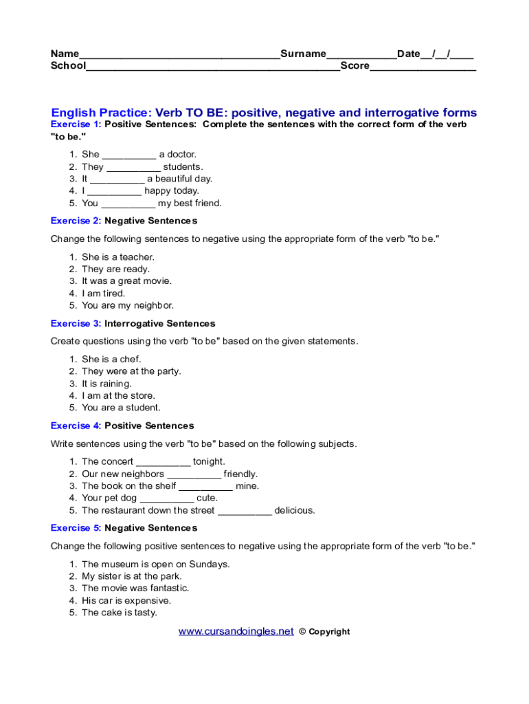 Fillable Online Verb TO BE: positive, negative and interrogative forms ...