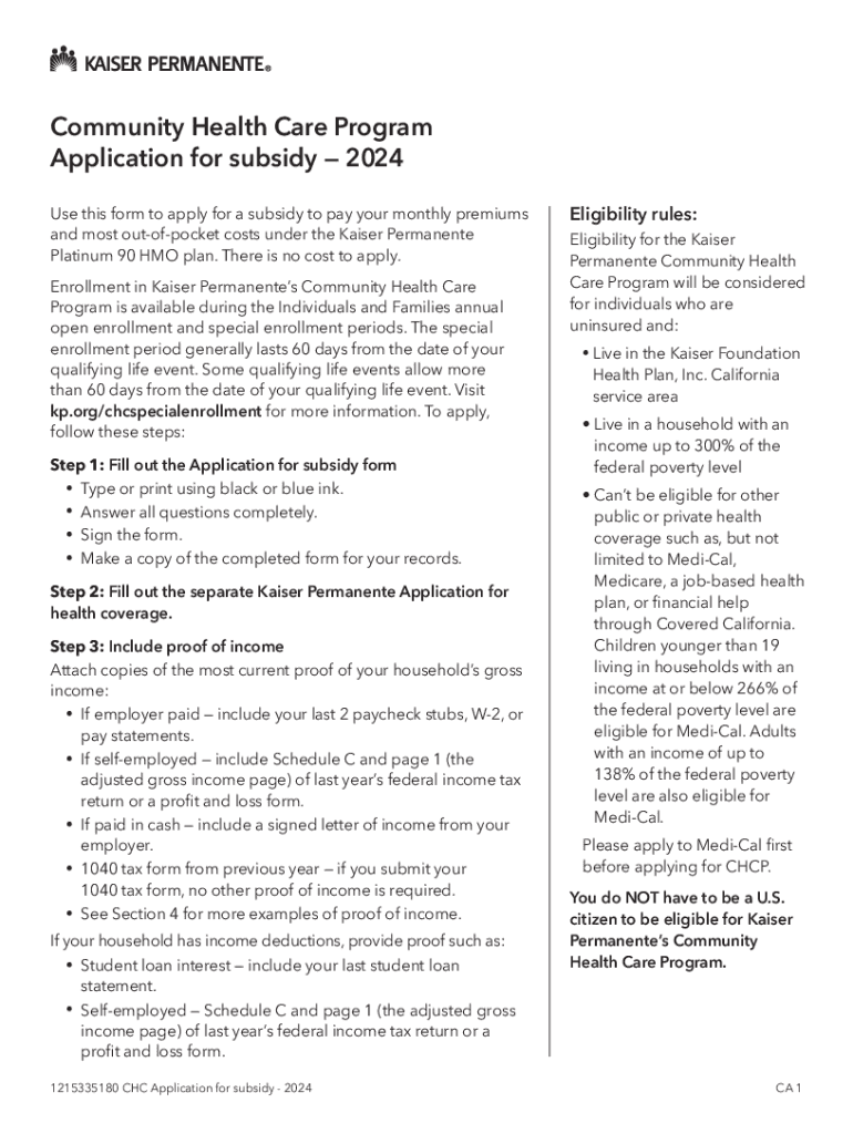Fillable Online Community Health Care Program Application for subsidy ...