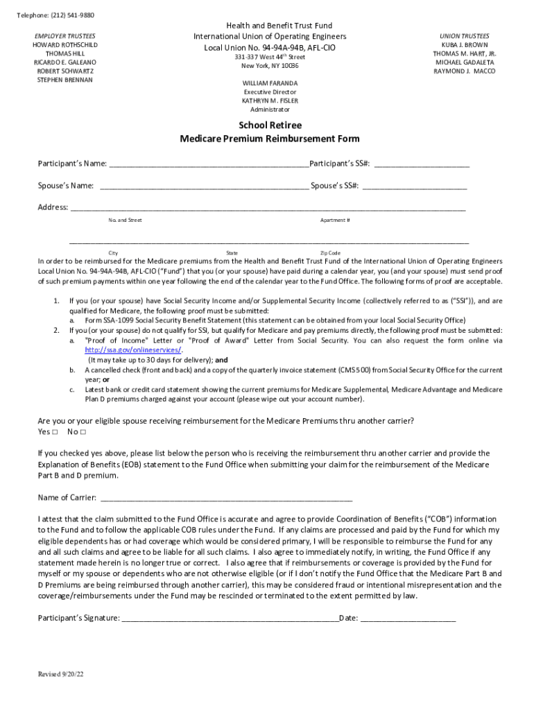 Fillable Online 9 20 22 FINAL Medicare B D Premium Reimbursement Form ...