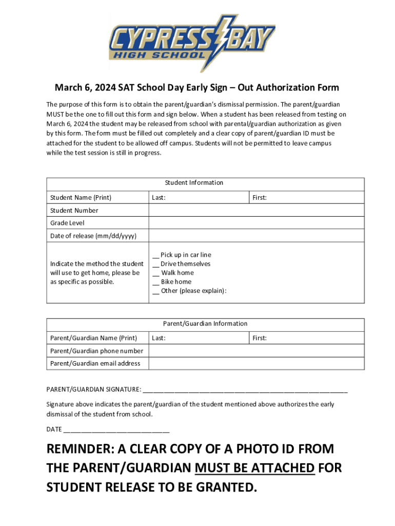 Fillable Online Early Sign Out Authorization Form SAT School Day Fax ...