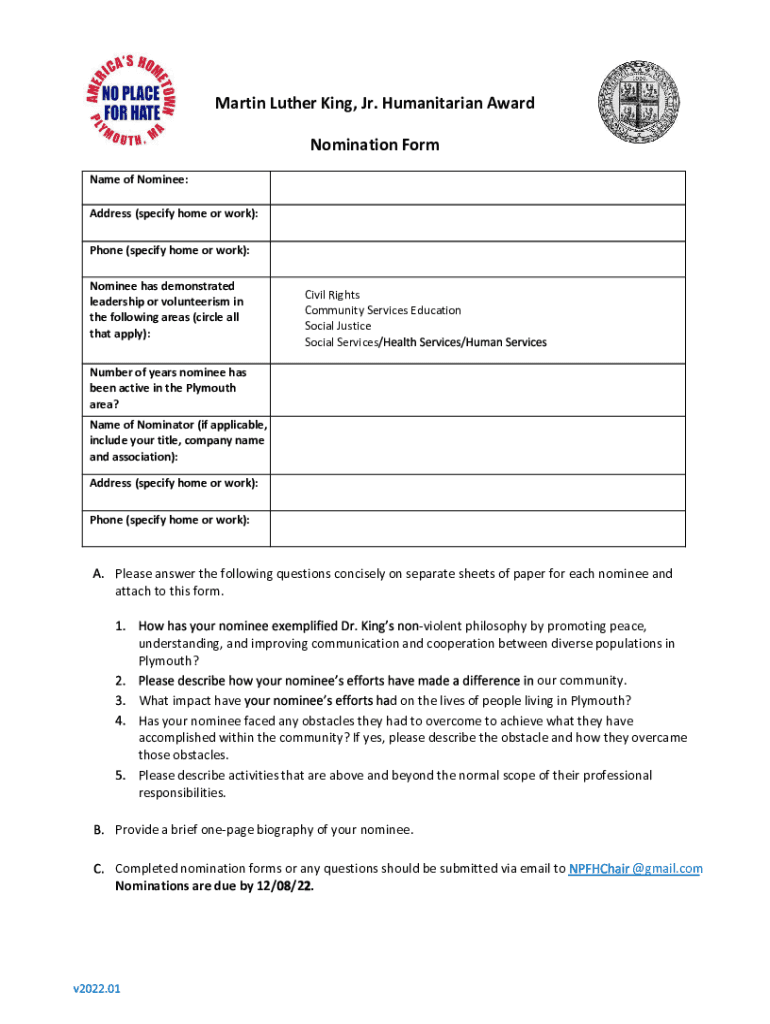 Fillable Online Martin Luther King, Jr. Humanitarian Award Nomination ...