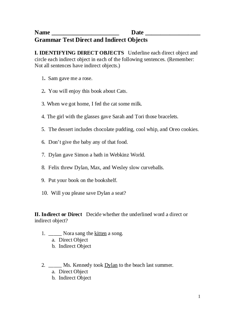 Answer Key for Direct and Indirect Objects Doc Template | pdfFiller