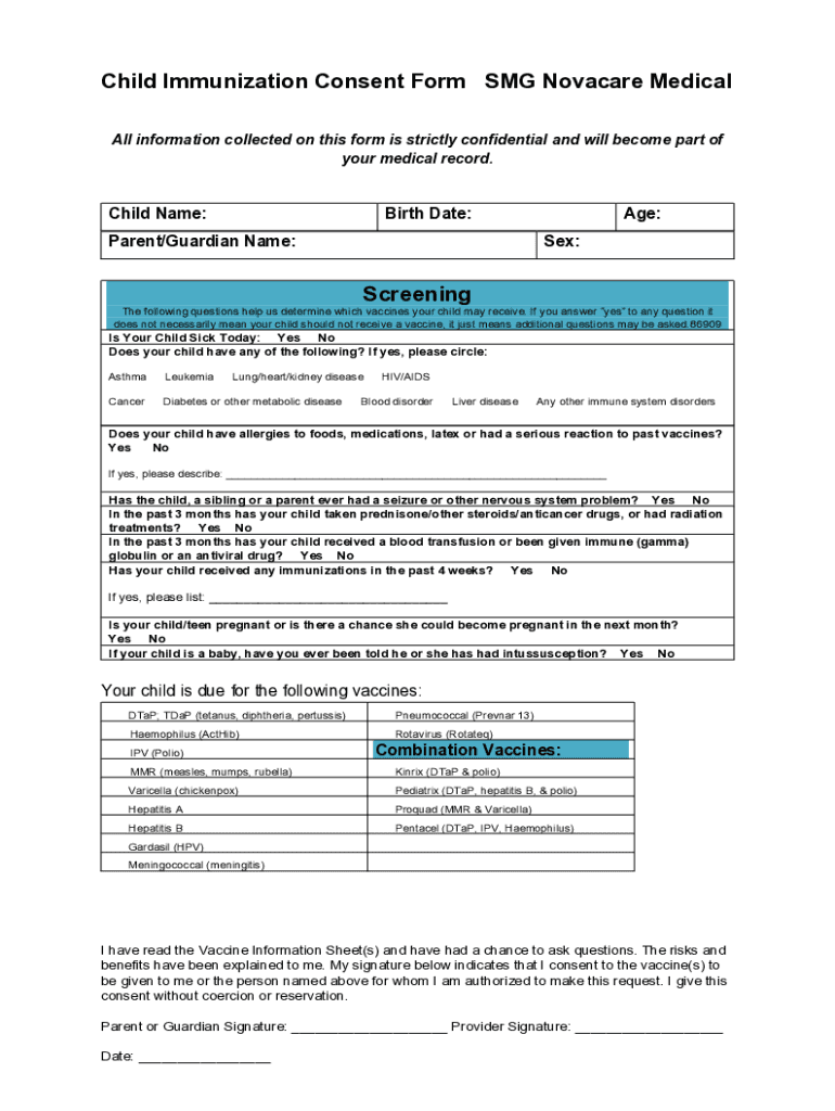 Fillable Online Child Immunization Consent Form SMG Novacare Medical ...