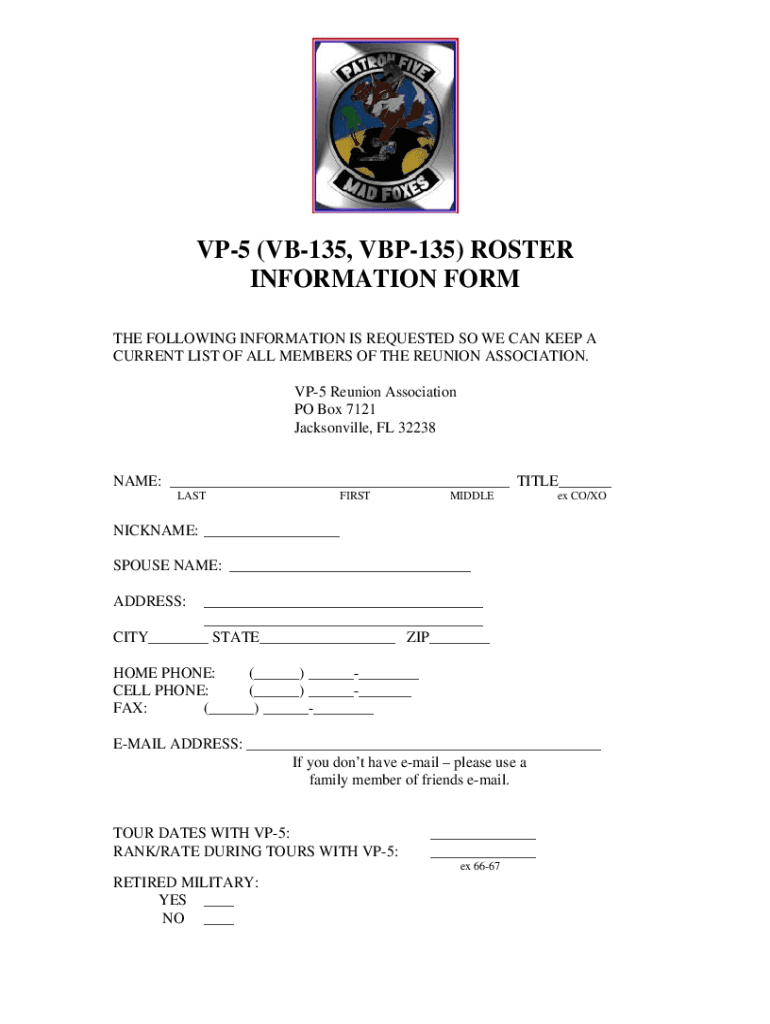 Fillable Online VP-5 (VB-135, VBP-135) ROSTER INFORMATION FORM Fax ...