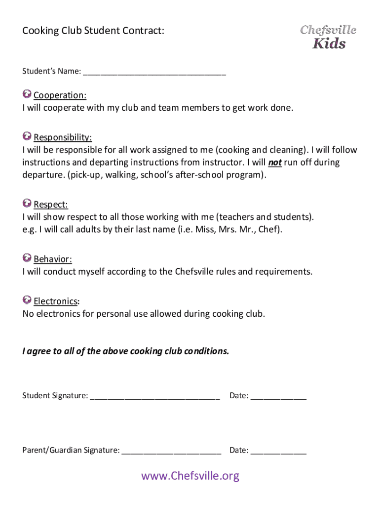 Fillable Online Student Contract - Cooking Club Fax Email Print - pdfFiller