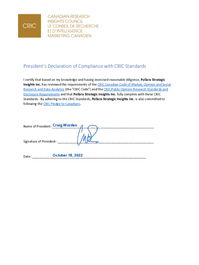 Fillable Online President's Declaration of Compliance with CRIC ...