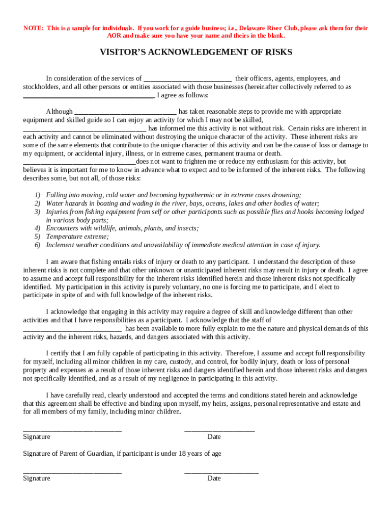 Acknowledgement of Risk Sample Doc Template | pdfFiller