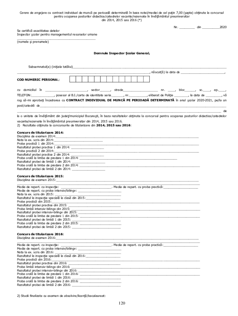 Fillable Online Cerere de angajare cu contract individual de munc pe ...