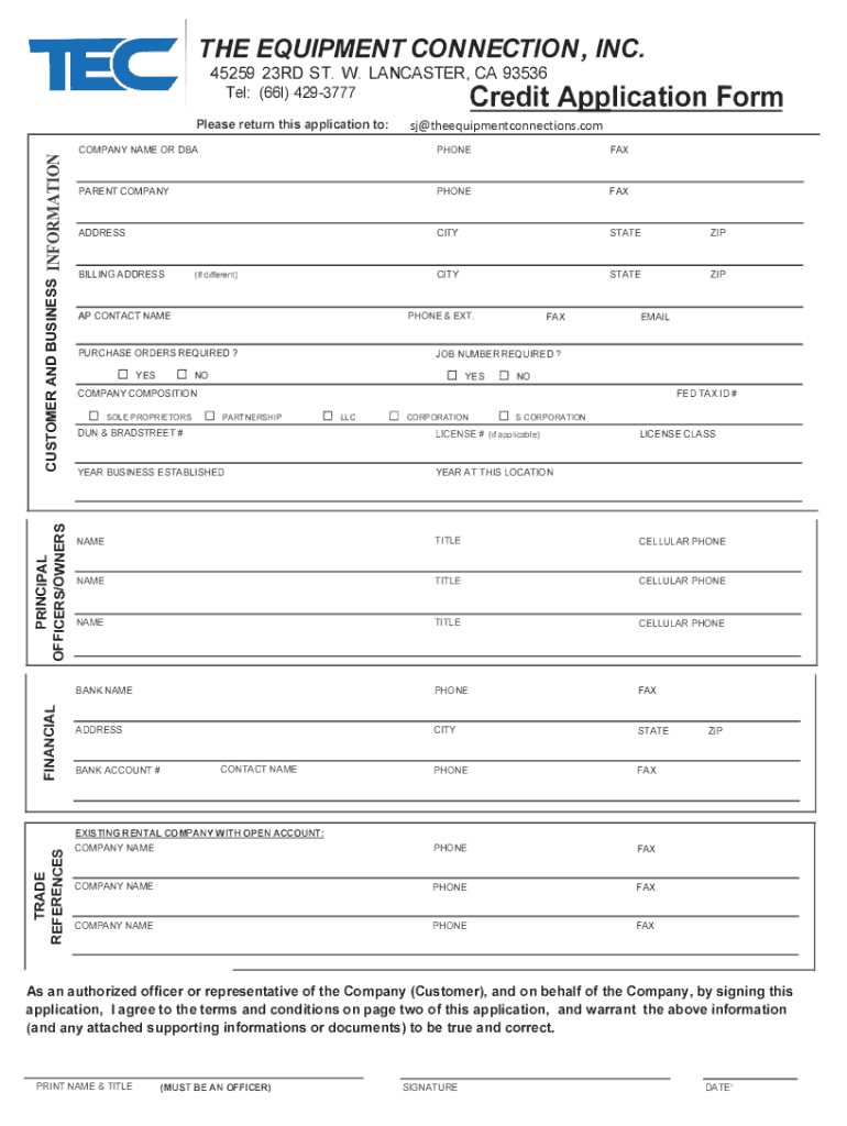 Fillable Online Credit Application Form - The Equipment Connections Fax ...