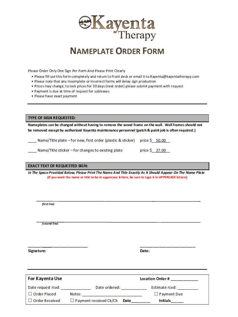 Fillable Online Nameplate Order Form Fax Email Print - pdfFiller