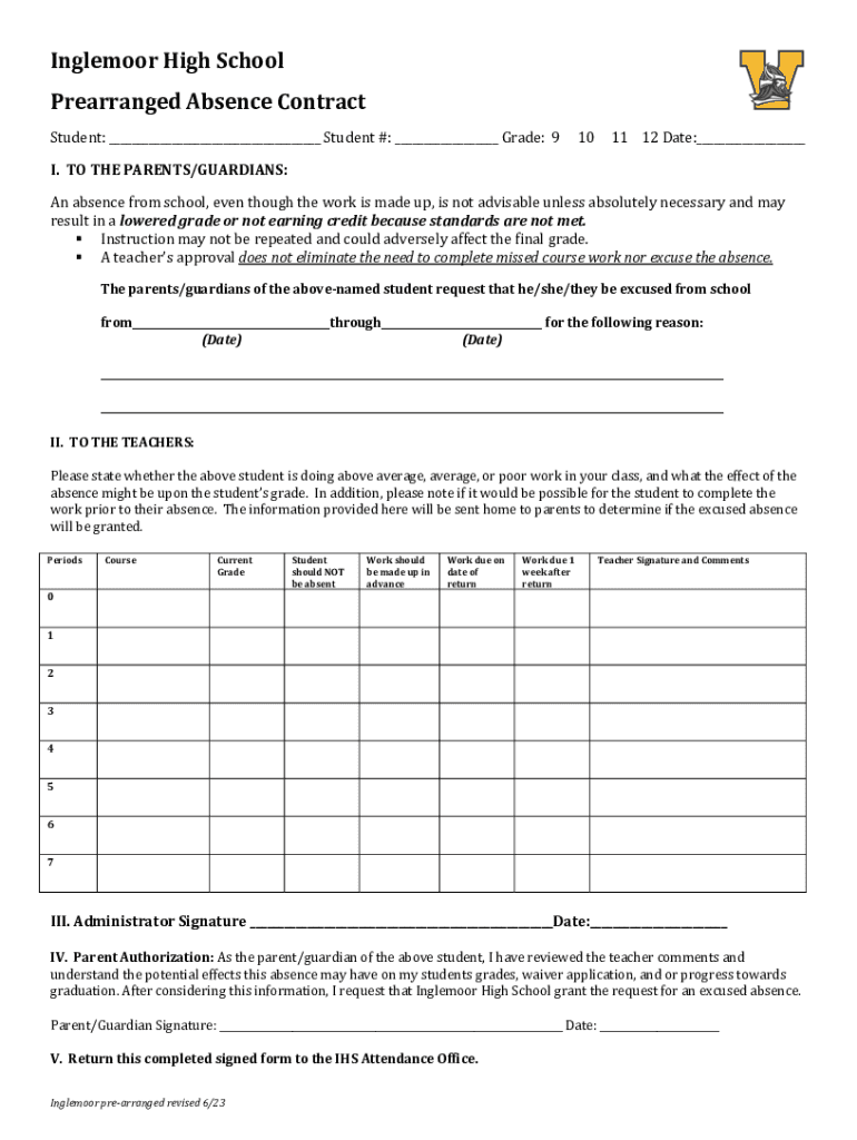 Fillable Online Inglemoor High School Prearranged Absence Contract Fax ...