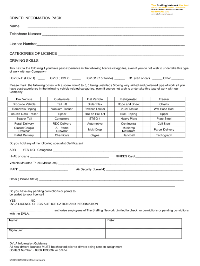 Fillable Online Driving Application Form Van Driver C+E LGV Class 1 ...