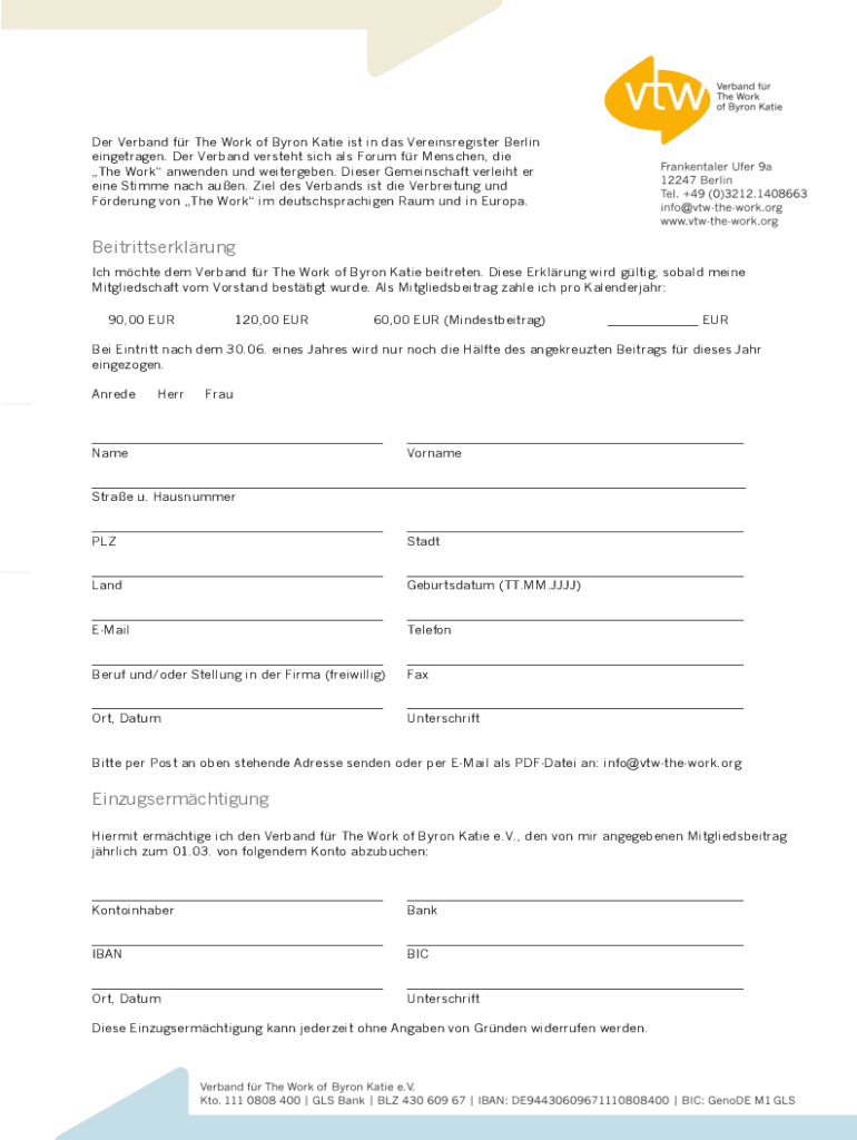 Ausfüllbar Online Verband fr The Work of Byron Katie e.V. (vtw), Berlin ...