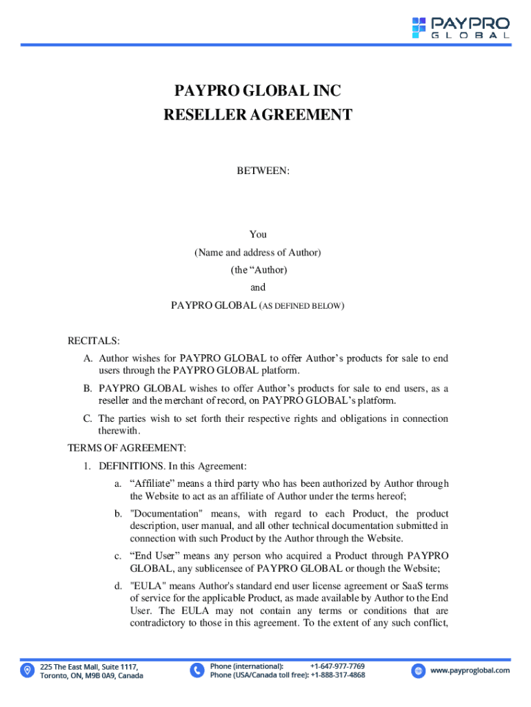 Fillable Online PAYPRO GLOBAL INC RESELLER AGREEMENT Fax Email Print ...