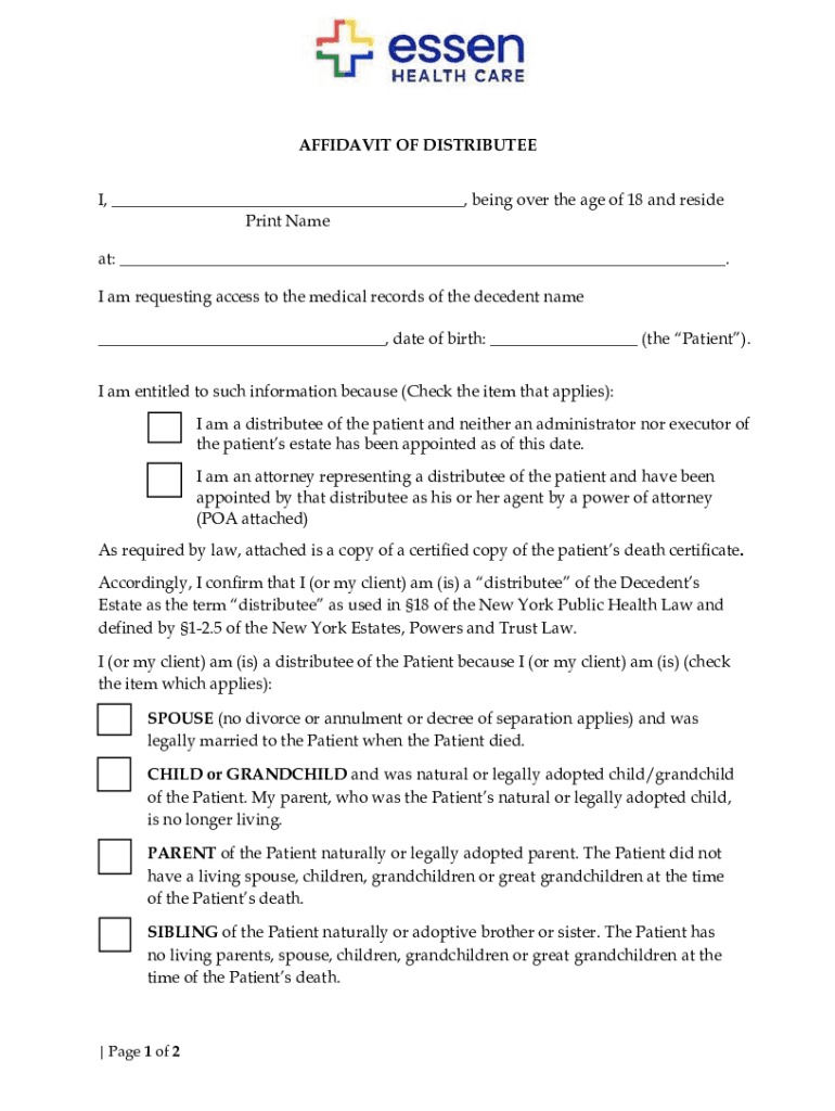 Fillable Online AFFIDAVIT OF DISTRIBUTEE I Fax Email Print - pdfFiller