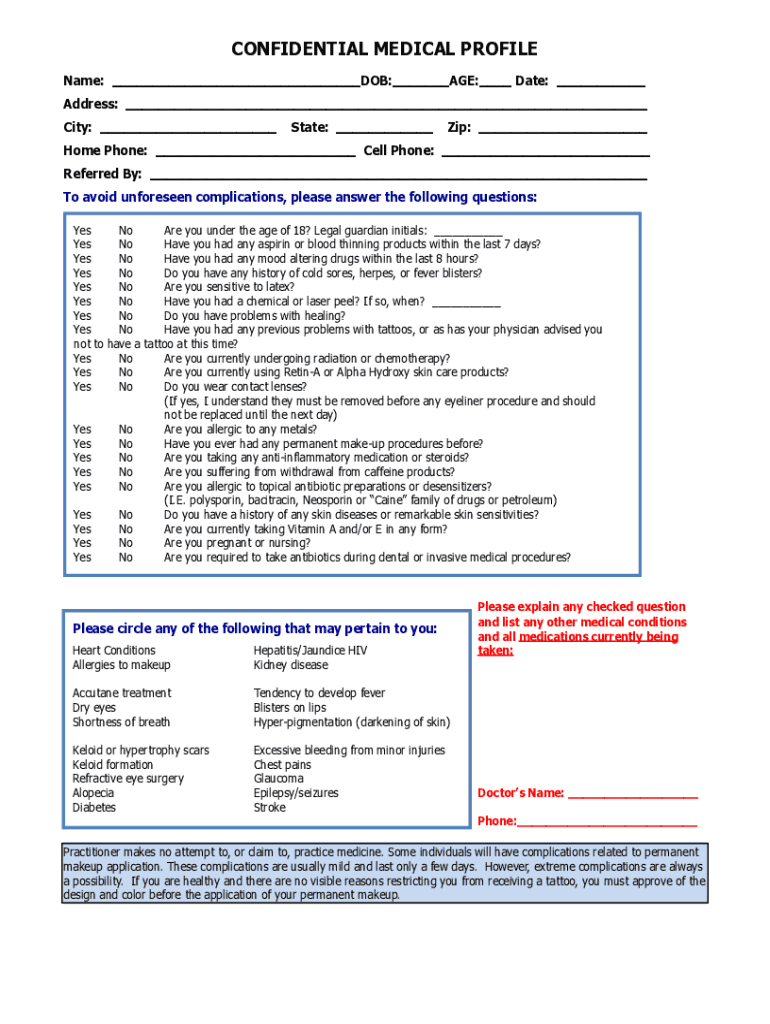 Fillable Online CONFIDENTIAL MEDICAL PROFILE - Ciao Bella Islamorada ...